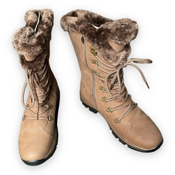 apres | Shoes | Brown Faux Fur Trim Boots Lace Front Lug Sole Winter ...